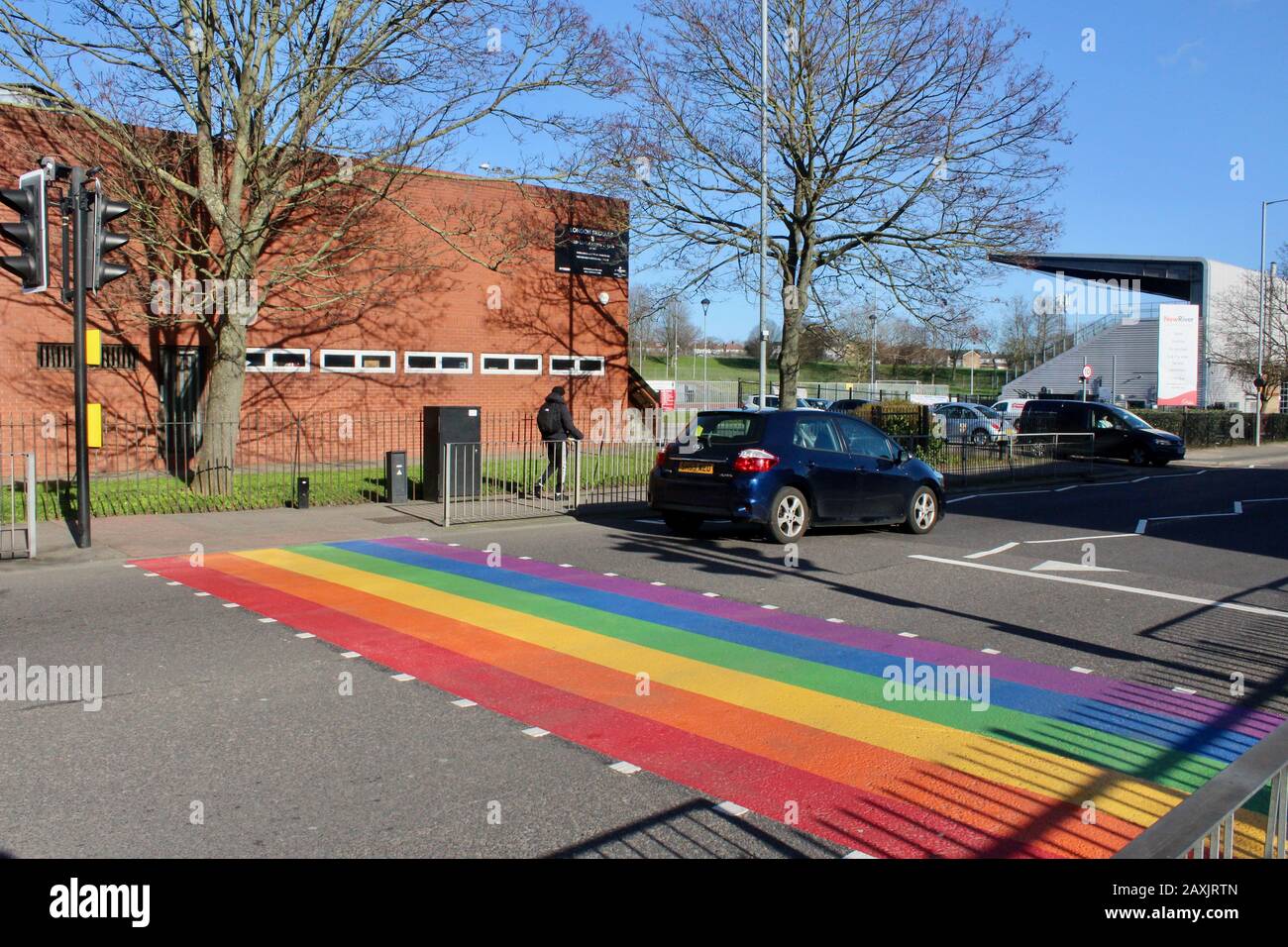 The rainbow painted LBGTQ supporting pedestrian crossing outside ...