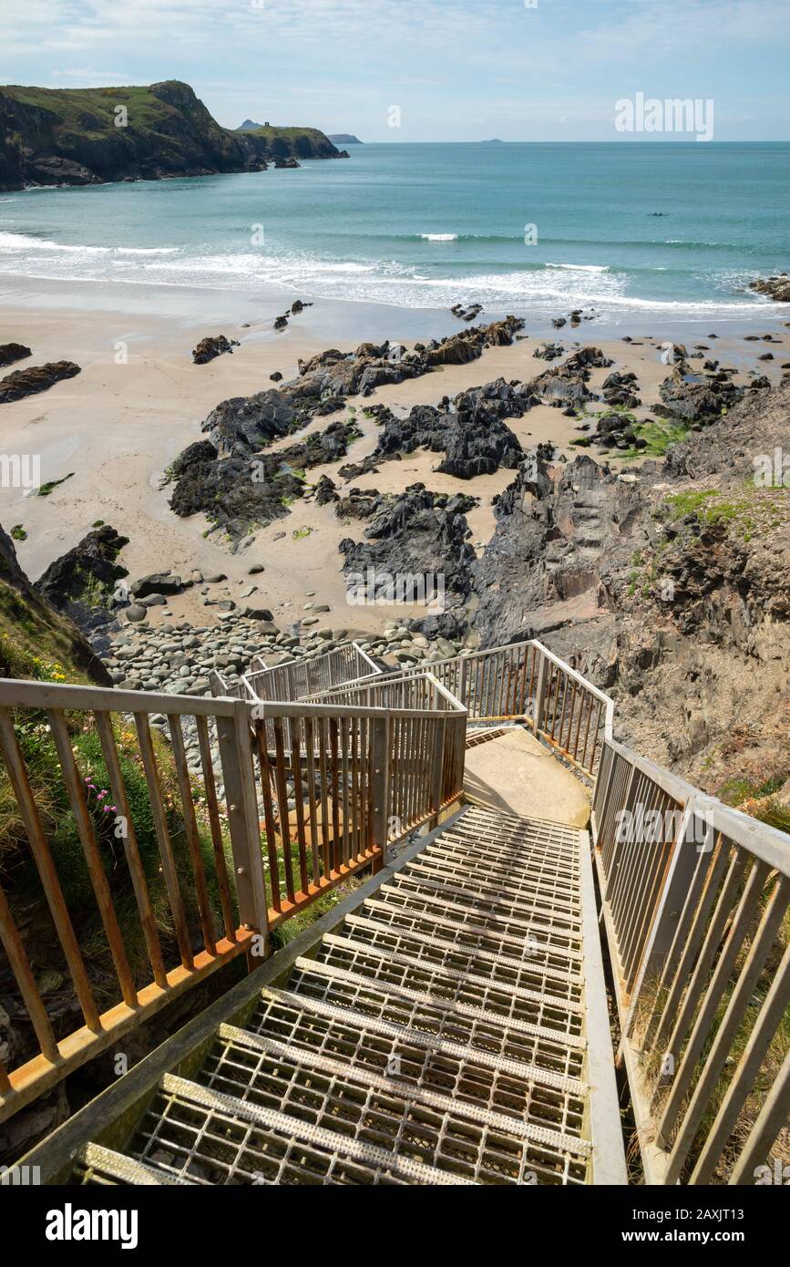 Steps down to Traeth Llyfn beach near Abereiddy, Pembrokeshire, Wales ...