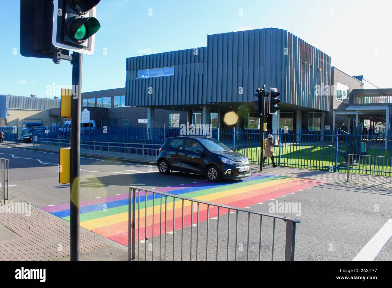 The rainbow painted LBGTQ supporting pedestrian crossing outside ...