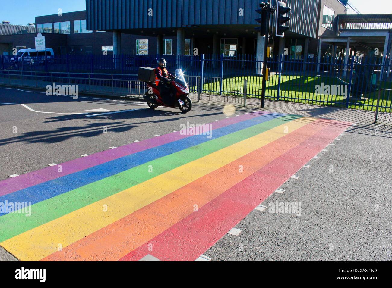 The rainbow painted LBGTQ supporting pedestrian crossing outside ...