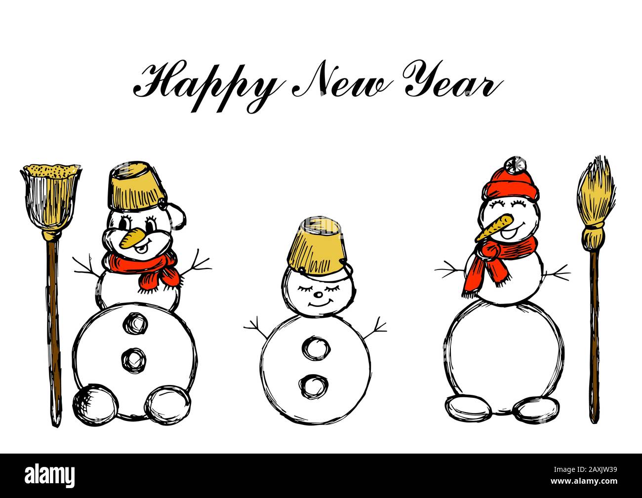 Three snowmen. It's snowing. Snowflakes. Winter illustration. Hand ...