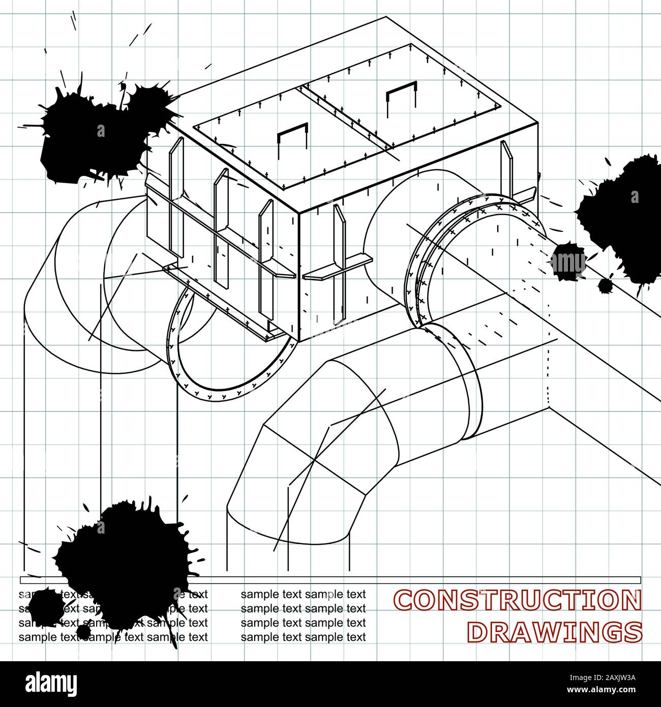 Drawings of steel structures. Pipes and pipe. 3d blueprint of steel ...