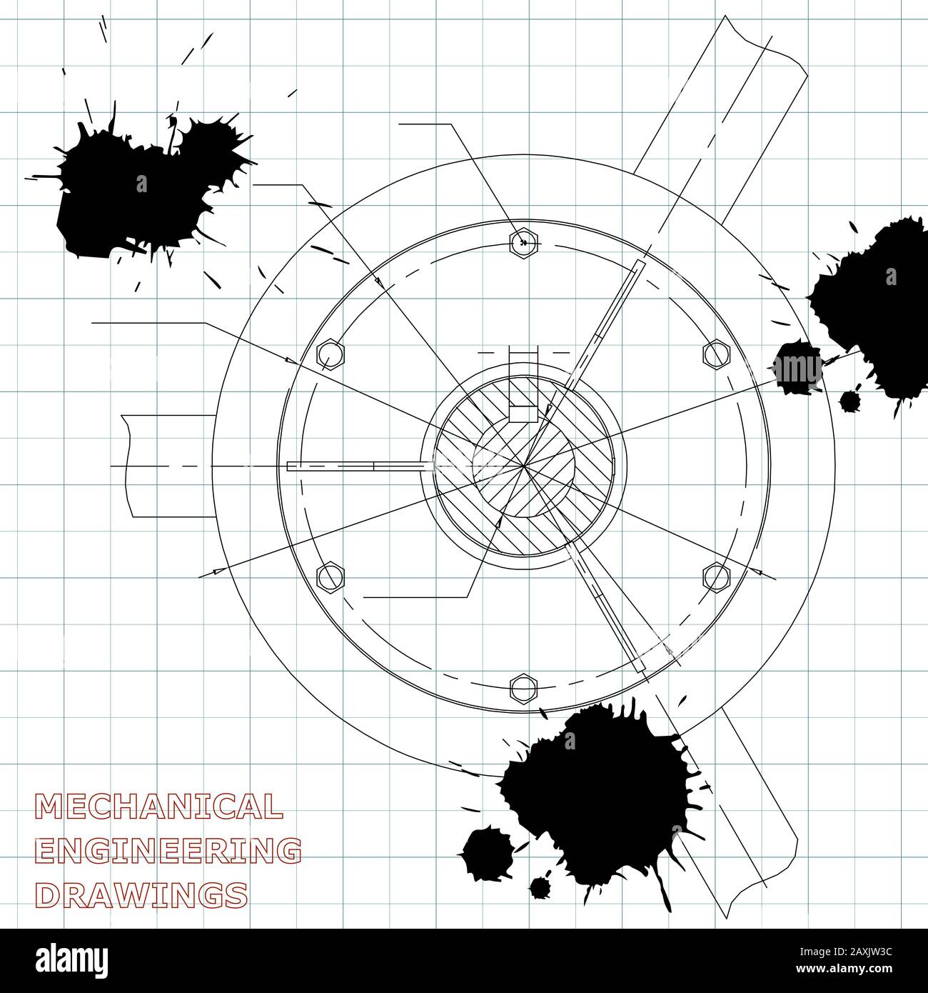 Mechanical engineering drawings. Engineering. Draft. Black Ink. Blots ...