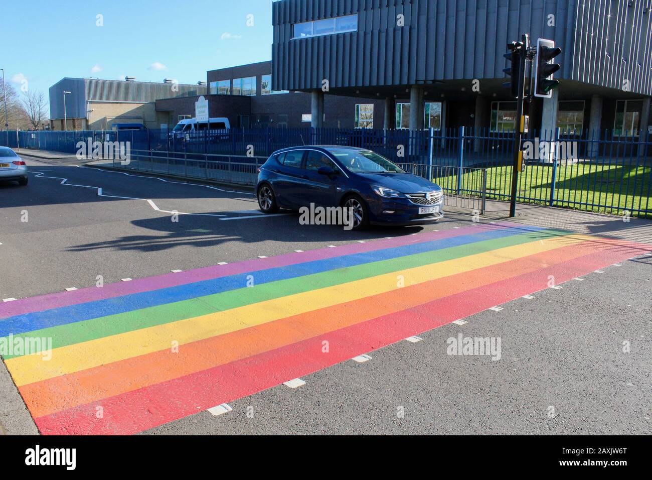 The rainbow painted LBGTQ supporting pedestrian crossing outside ...
