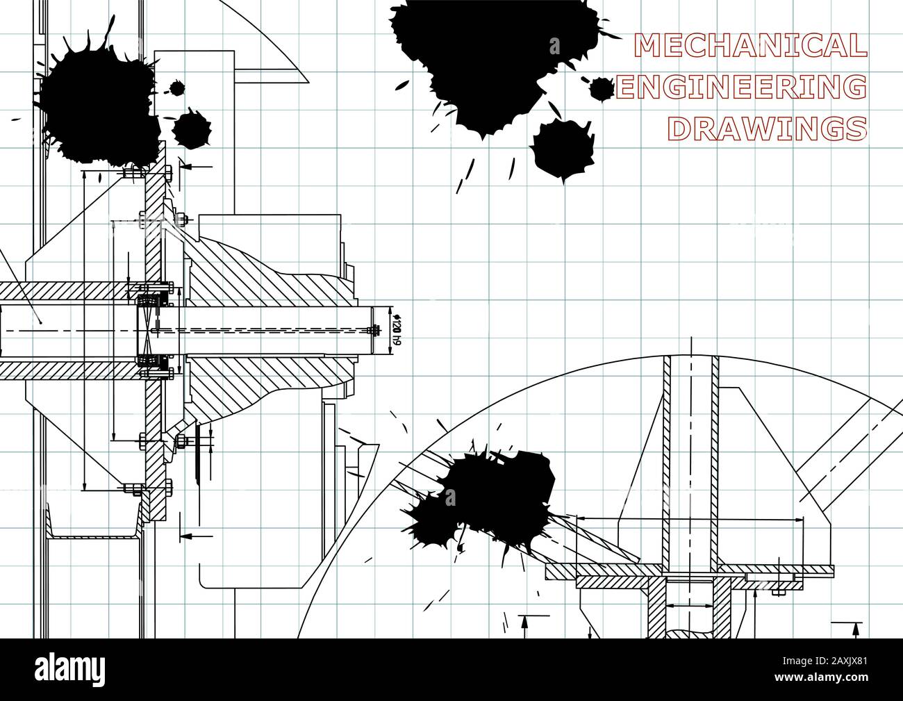 Mechanical engineering. Technical illustration. Draft. Black Ink. Blots ...