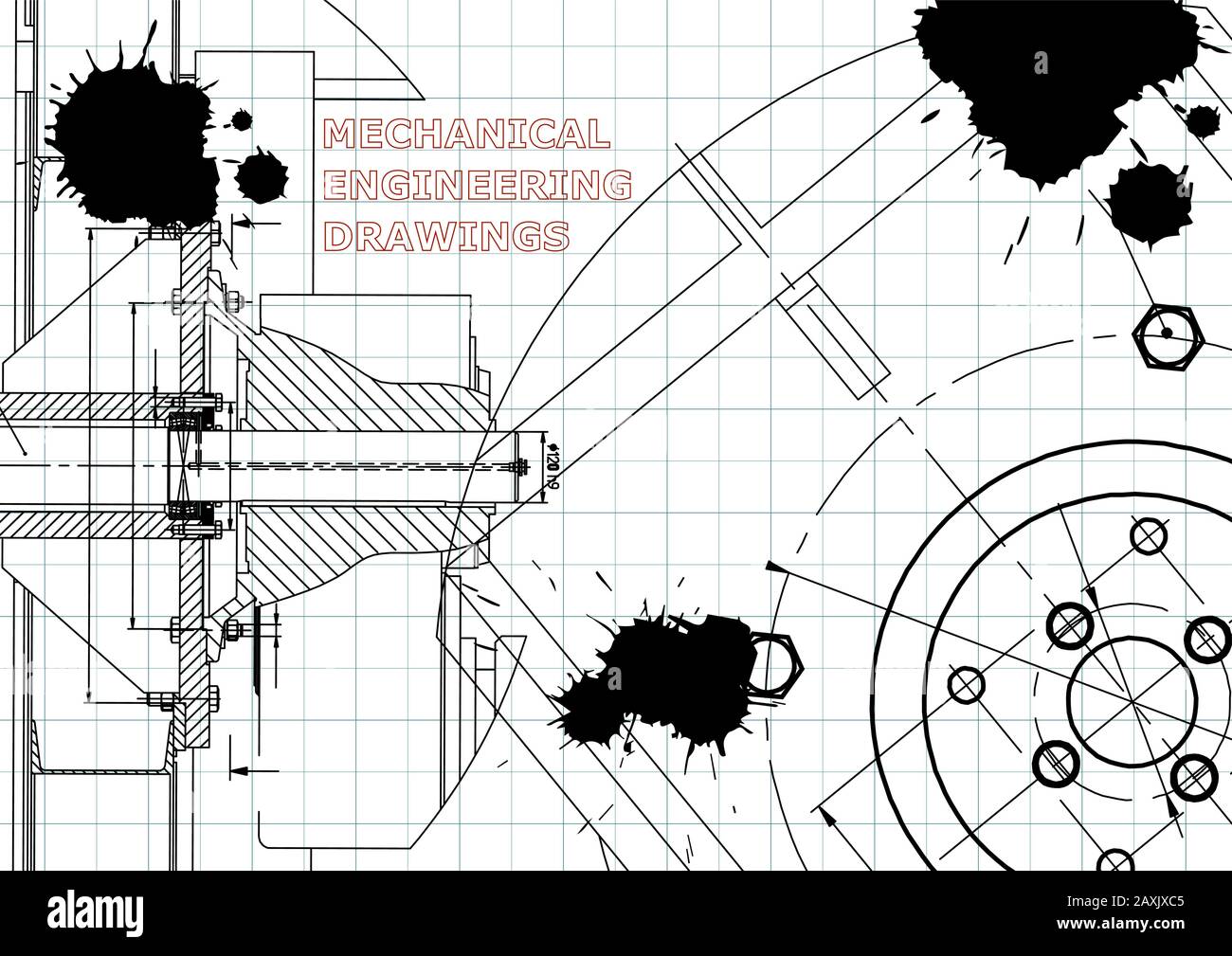 Technical illustration. Mechanical engineering. Draft. Black Ink. Blots ...