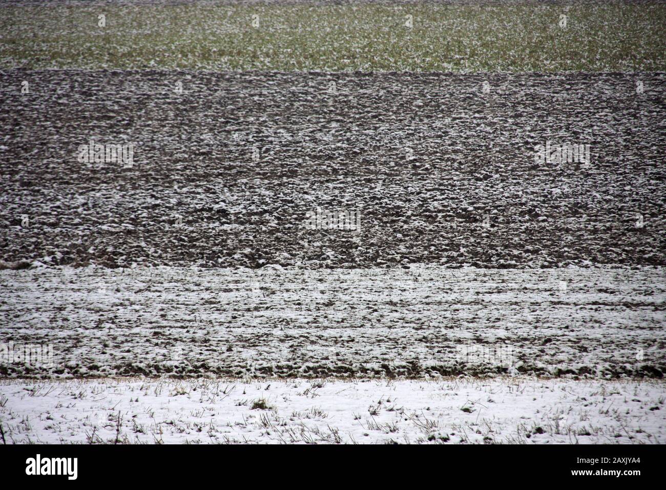 Fields covered with a thin layer of snow, wintry mood, pattern of ...