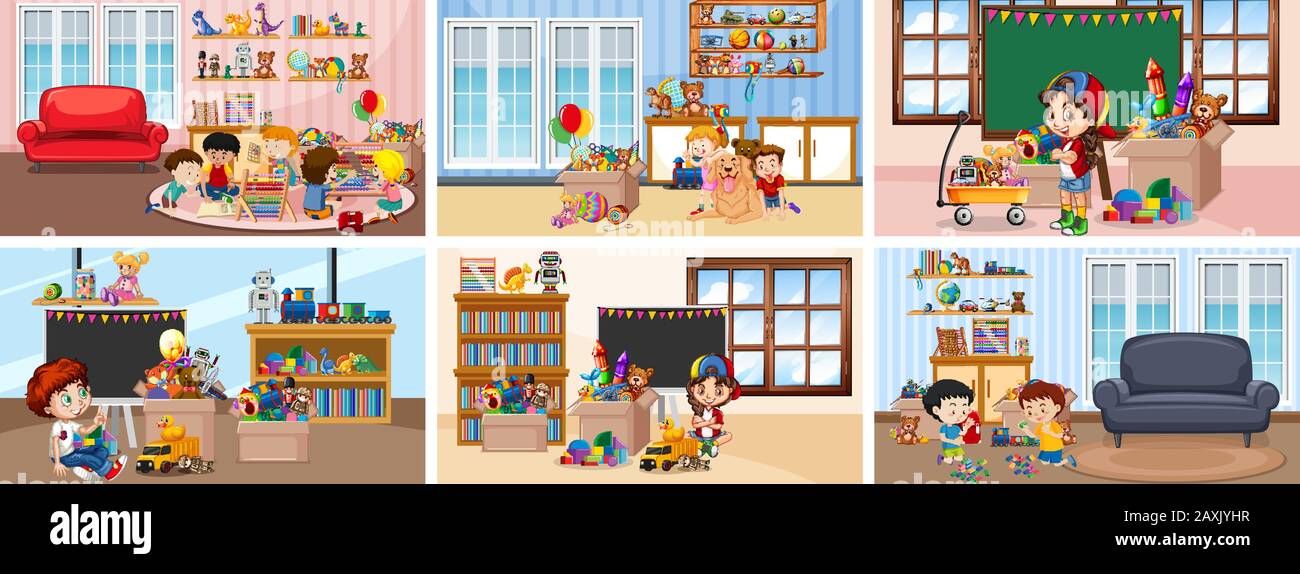 Six scenes with children doing activities in different rooms ...