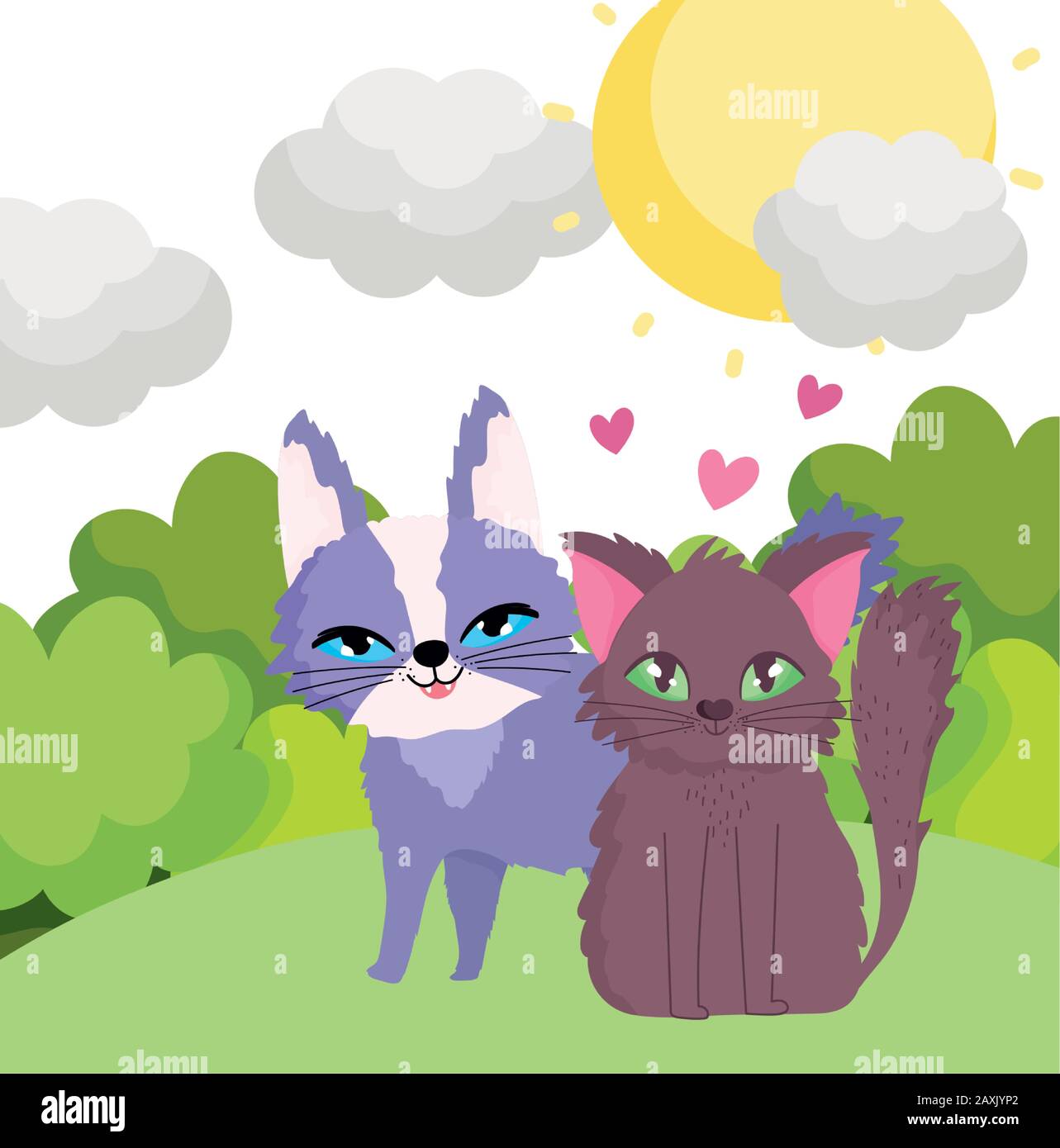 cartoon cats sitting in grass sky nature landscape pets vector ...