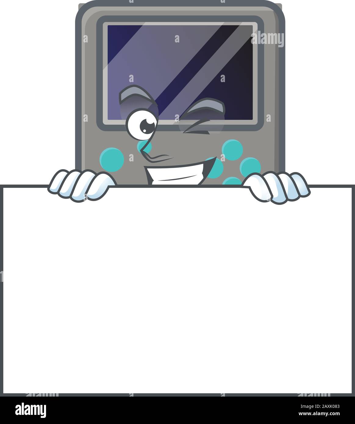 Game console cartoon character with funny face hides behind a board ...