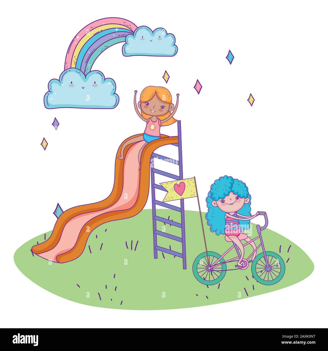 happy childrens day, girl playing in slide and girl riding bike in the ...
