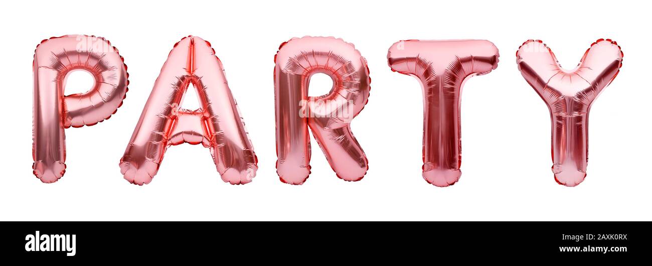 Pink golden word PARTY made of inflatable balloons isolated on white ...