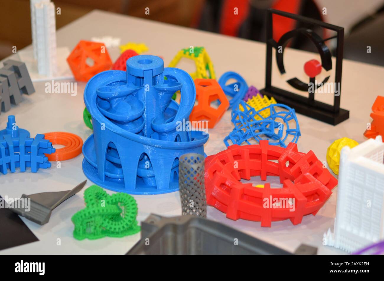 Forms printed by 3d printer. Bright colorful objects printed on a 3d ...