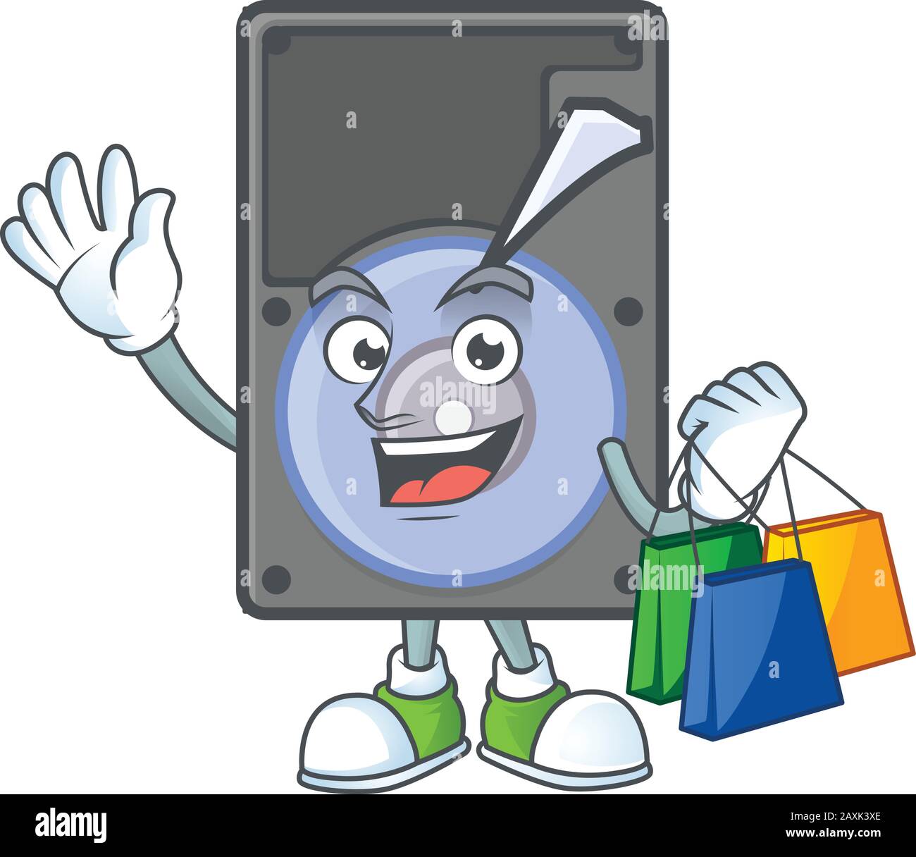 A rich hard disk cartoon design waving and holding Shopping bag Stock ...