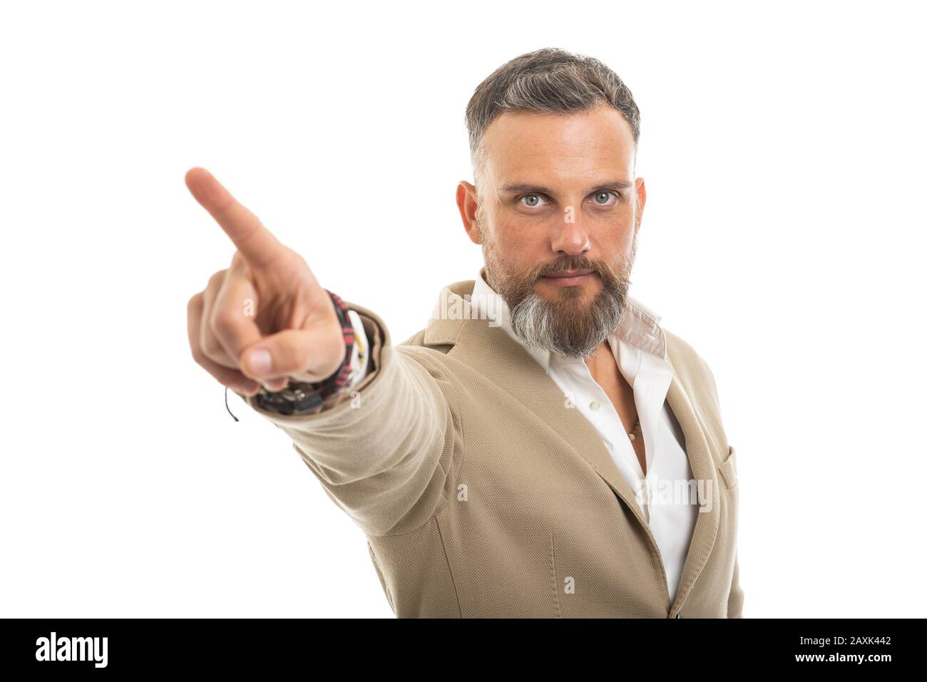 Portrait of man wearing smart casual clothes pointing something ...