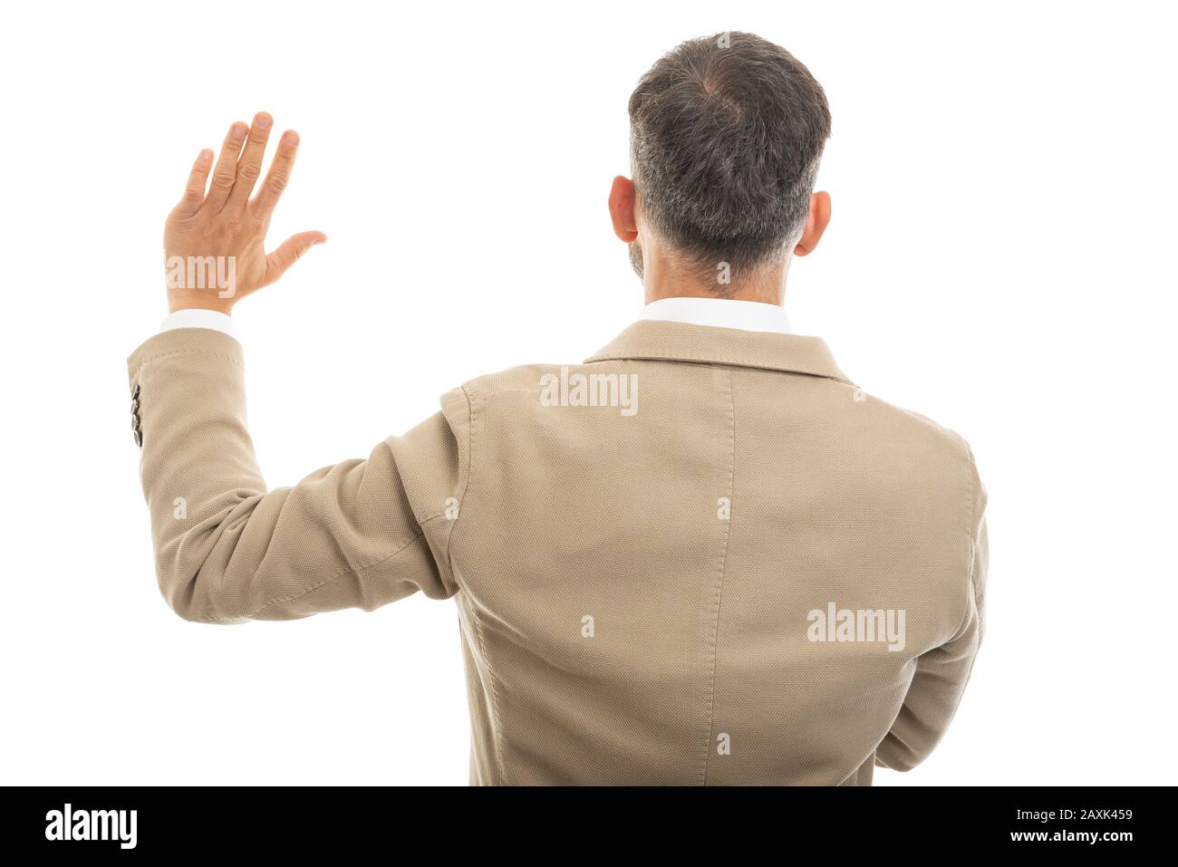 Back view of handsome man wearing smart casual clothes taking oath ...