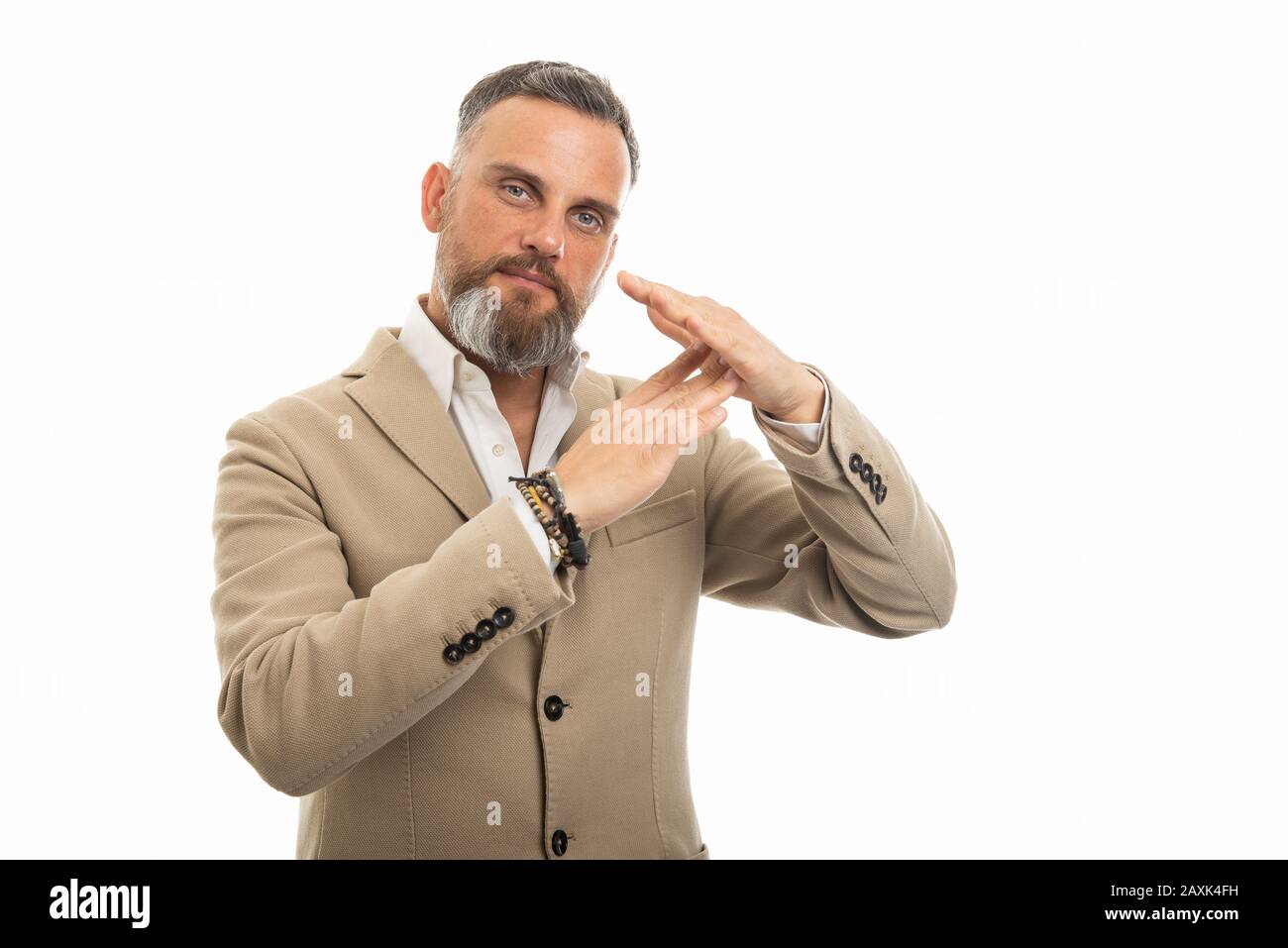 Portrait of man wearing smart casual clothes making time out gesture ...