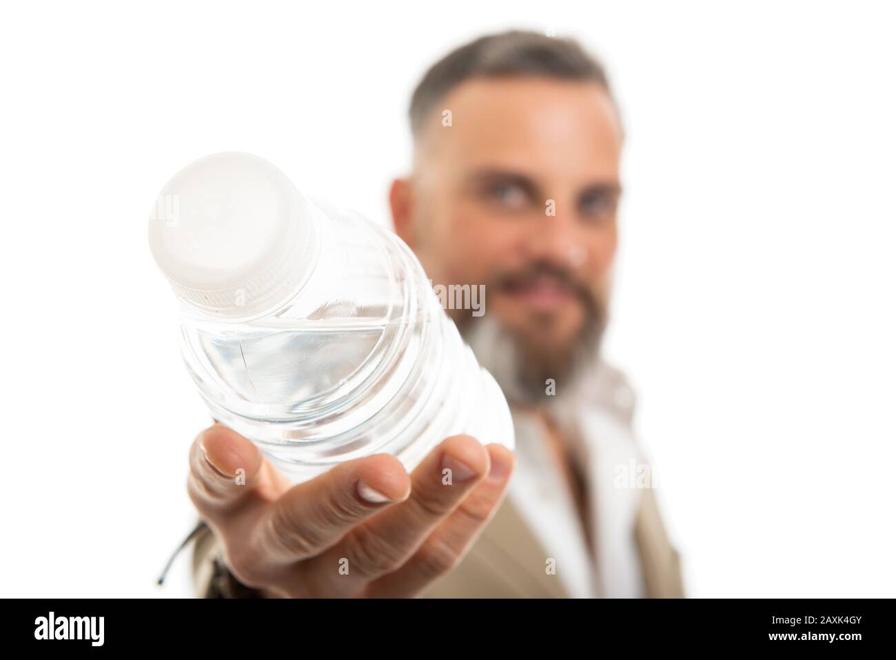 Selective focus of man offering bottle of water isolated on white ...
