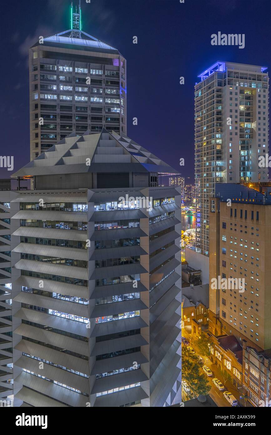Australia, Brisbane, city view, skyscrapers, facades by night Stock ...