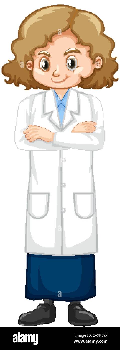 Girl wearing lab gown standing on white background illustration Stock ...