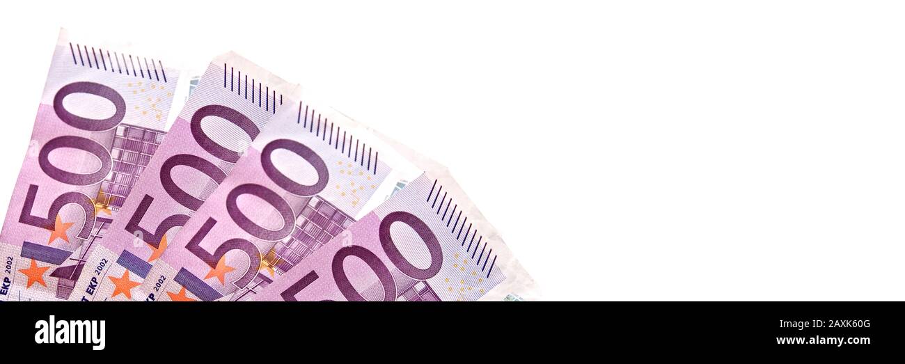 500 euros pink banknotes isolated on white panoramic background, cash ...