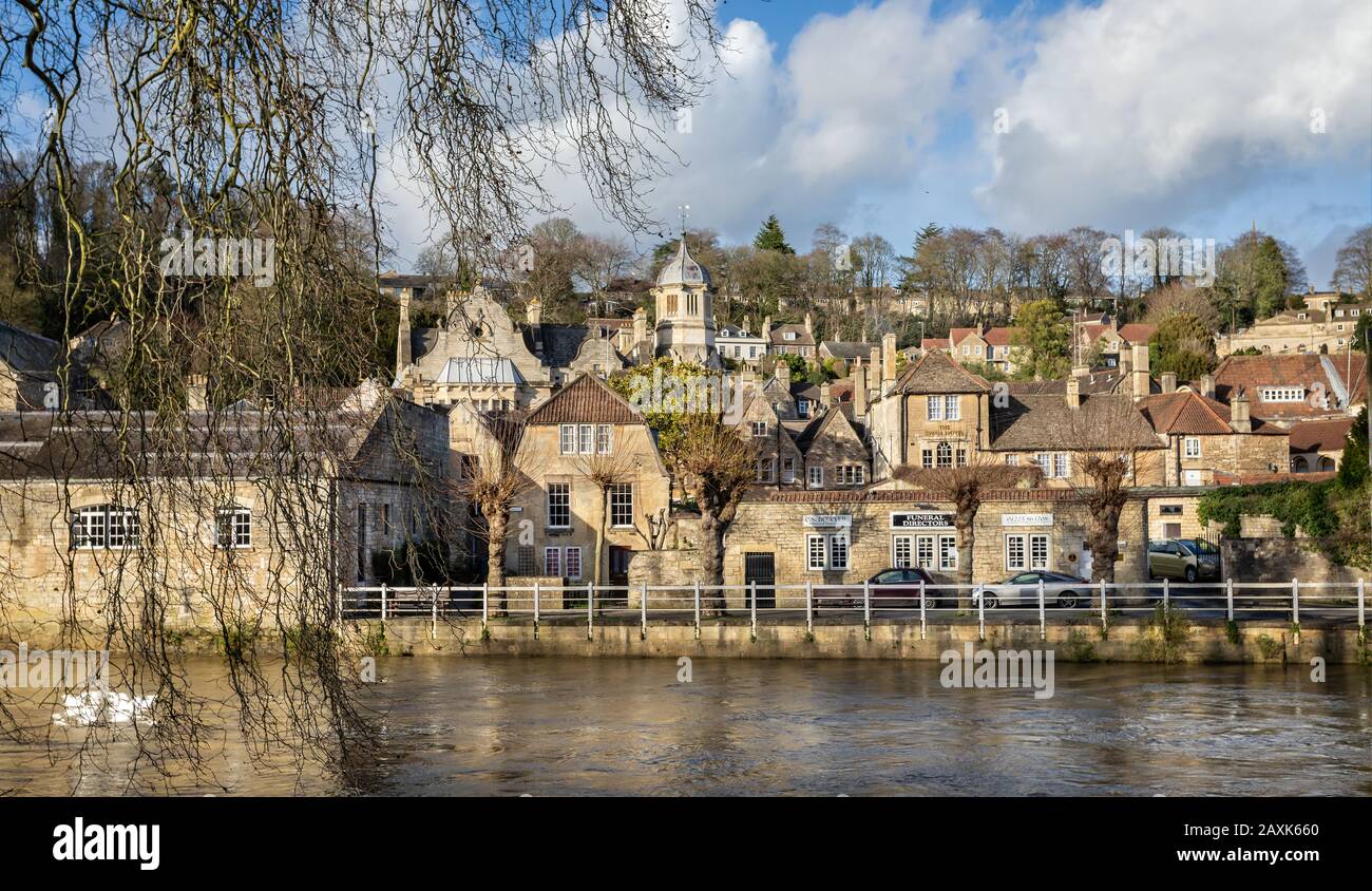 Bradford on Avon town centre from the River Avon in Bradford on Avon ...