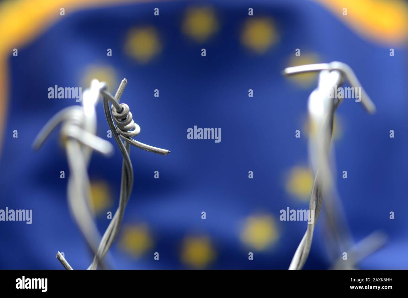 European Union flag and barbed wire, migration to European Union ...