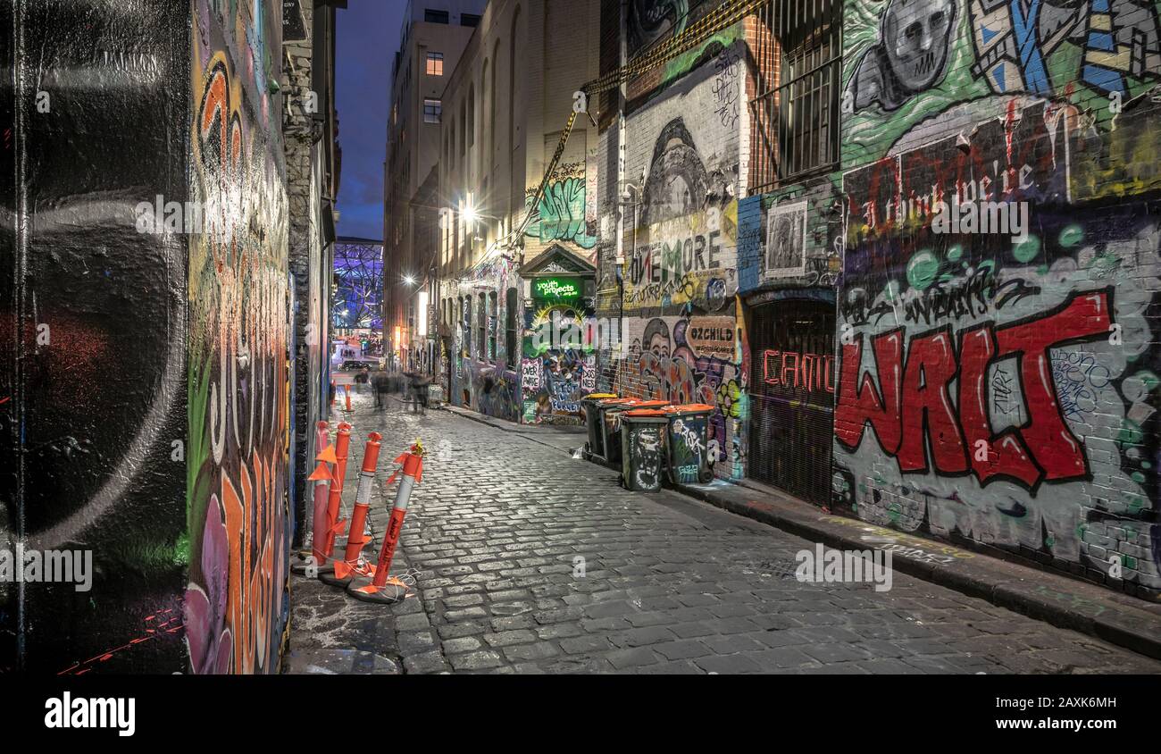 Melbourne, city view, at night, graffiti, Victoria Province, Australia ...