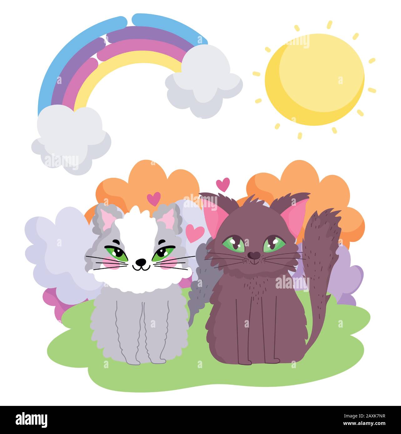 adorable cats sitting in the grass rainbow sun theme pets vector ...