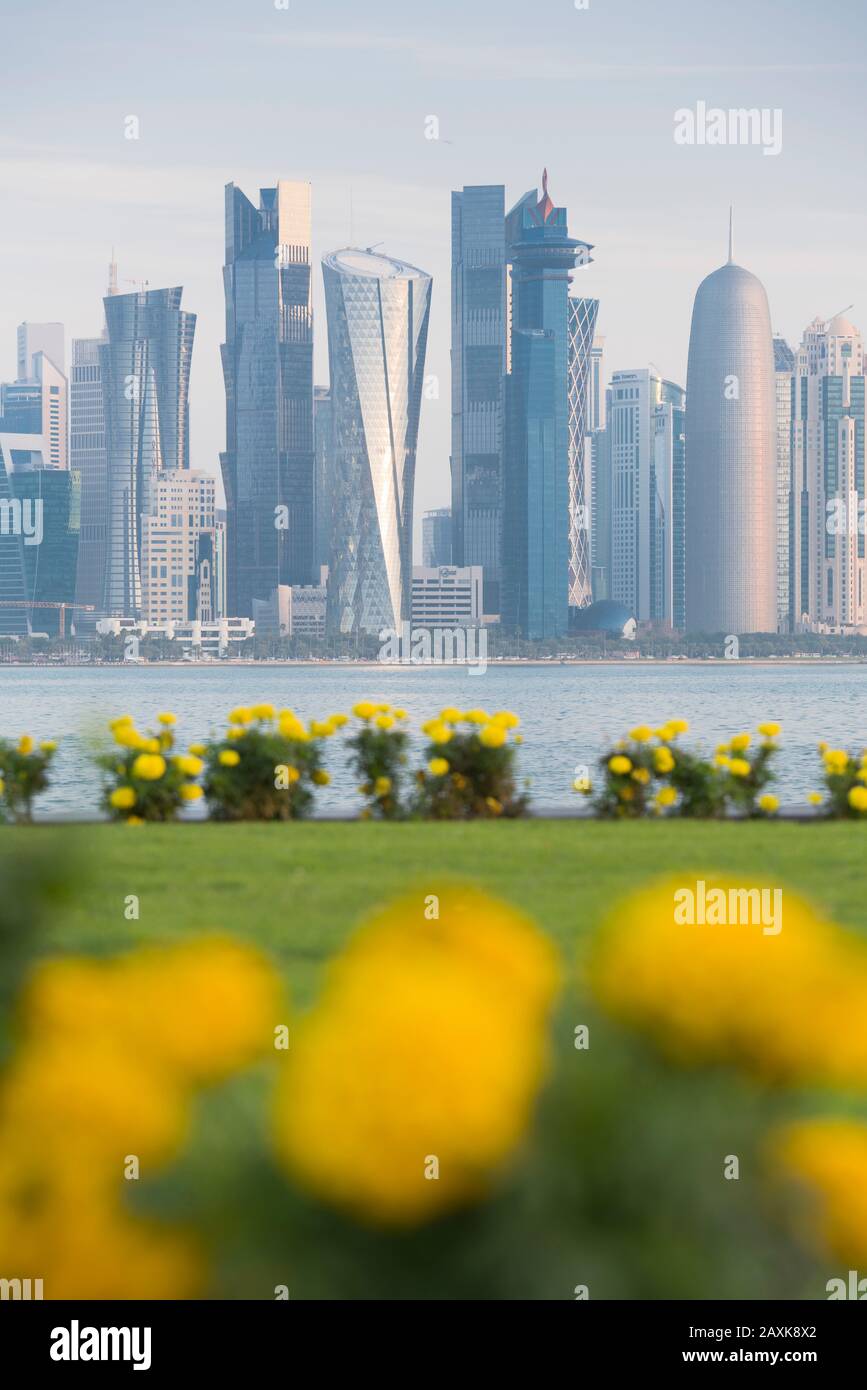 Skyline from the Corniche Promenade, West Bay, Doha, Qatar Stock Photo ...