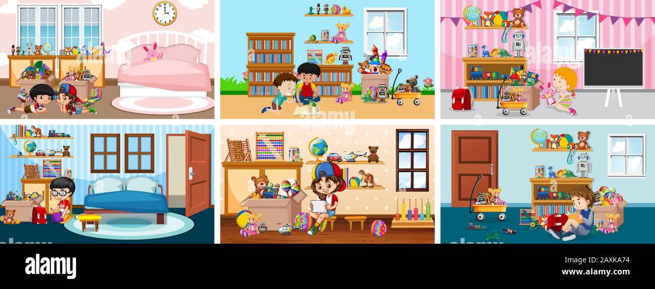 Six scenes with children doing activities in different rooms ...