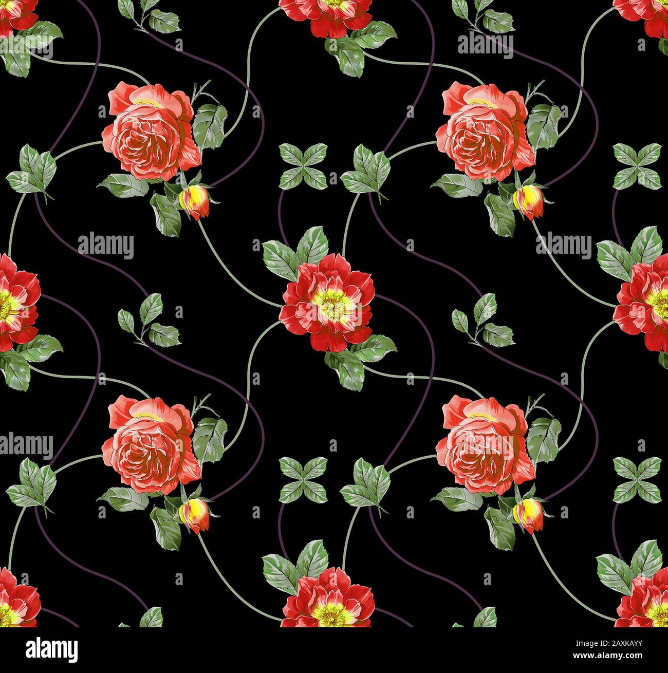 Red roses seamless pattern on black background. - illustration Stock ...