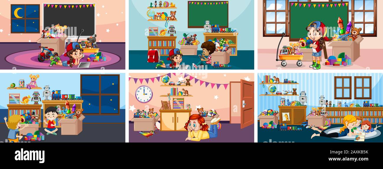 Six scenes with children doing activities in different rooms ...