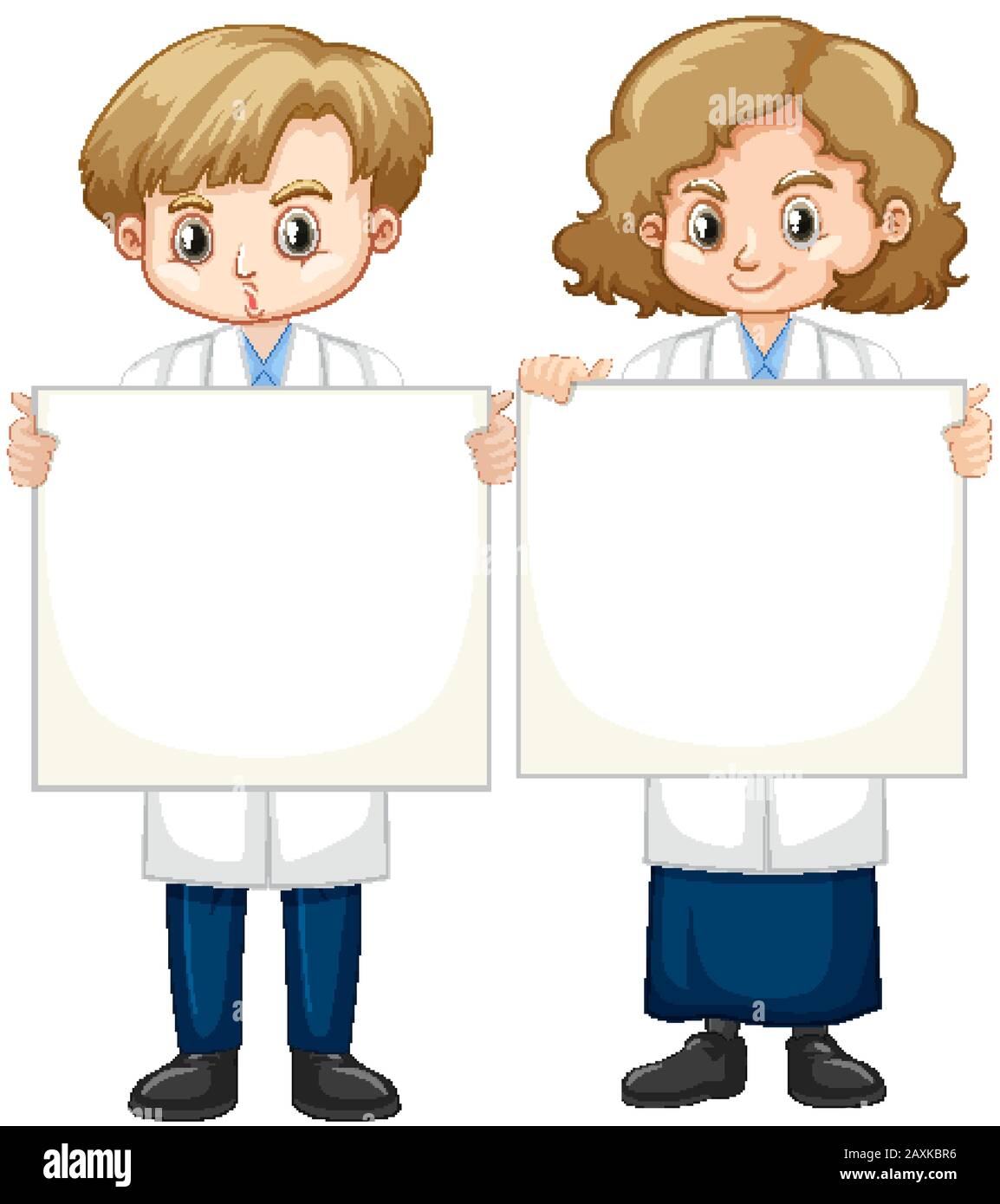 Boy and girl in science gown standing on white background illustration ...