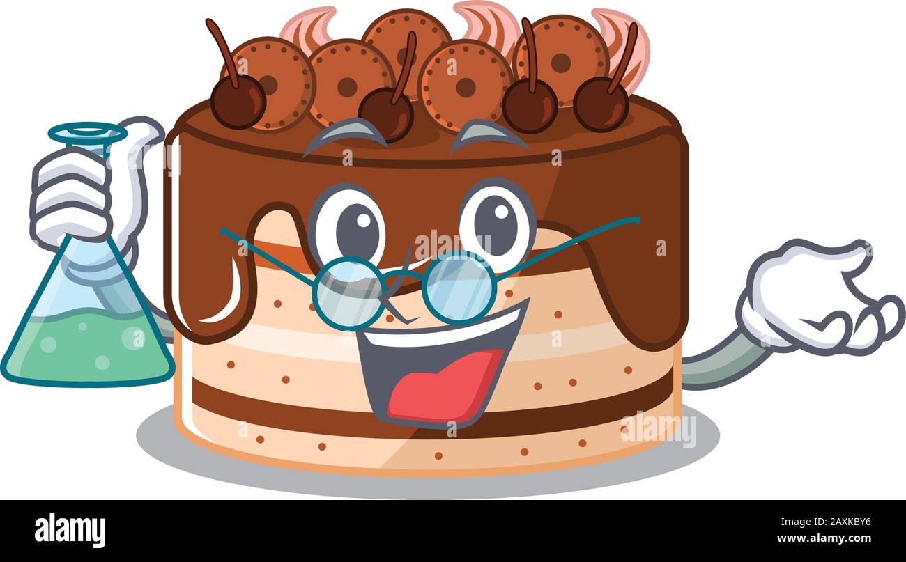 Cool chocolate cake Professor cartoon character with glass tube Stock ...