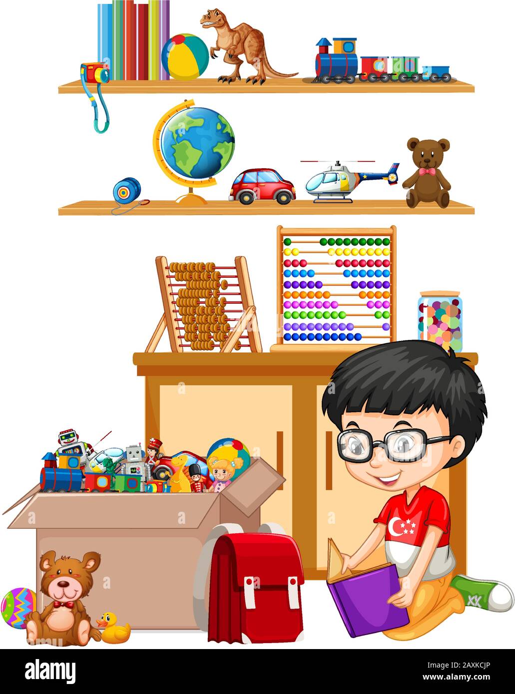 Shelf and box full of toys on white background illustration Stock ...