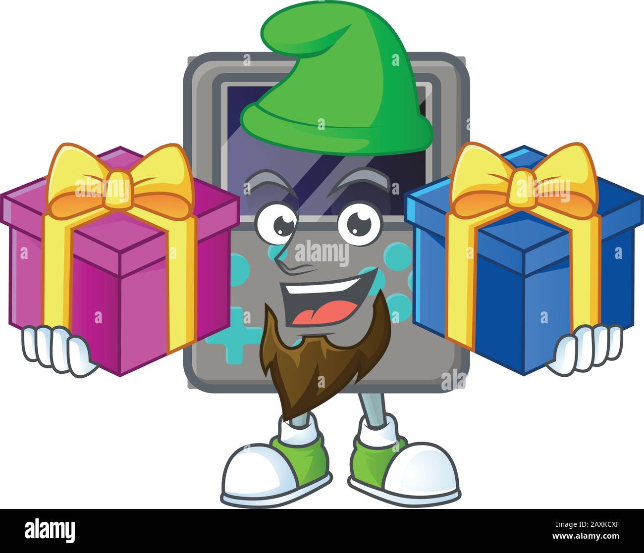 A charming game console cartoon mascot style with two boxes of gifts ...