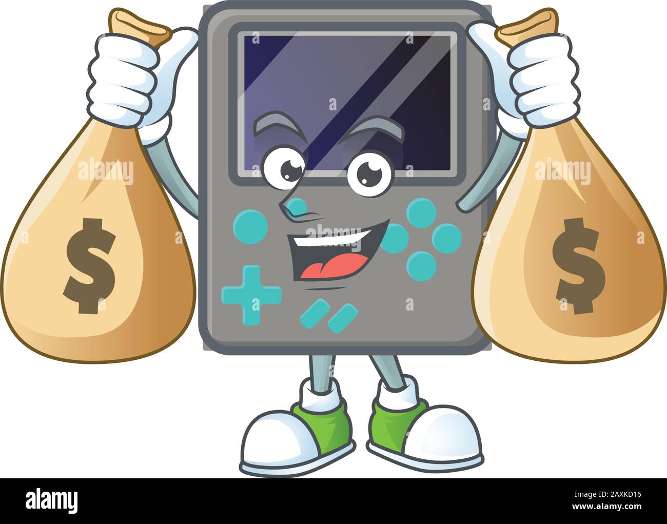 A cute image of game console cartoon character holding money bags Stock ...
