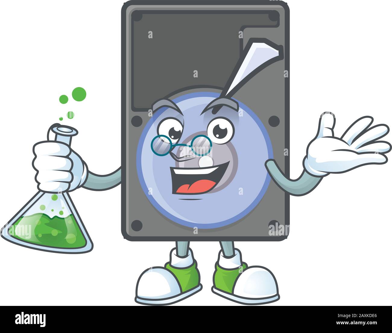 A genius Professor hard disk cartoon character with glass tube Stock ...