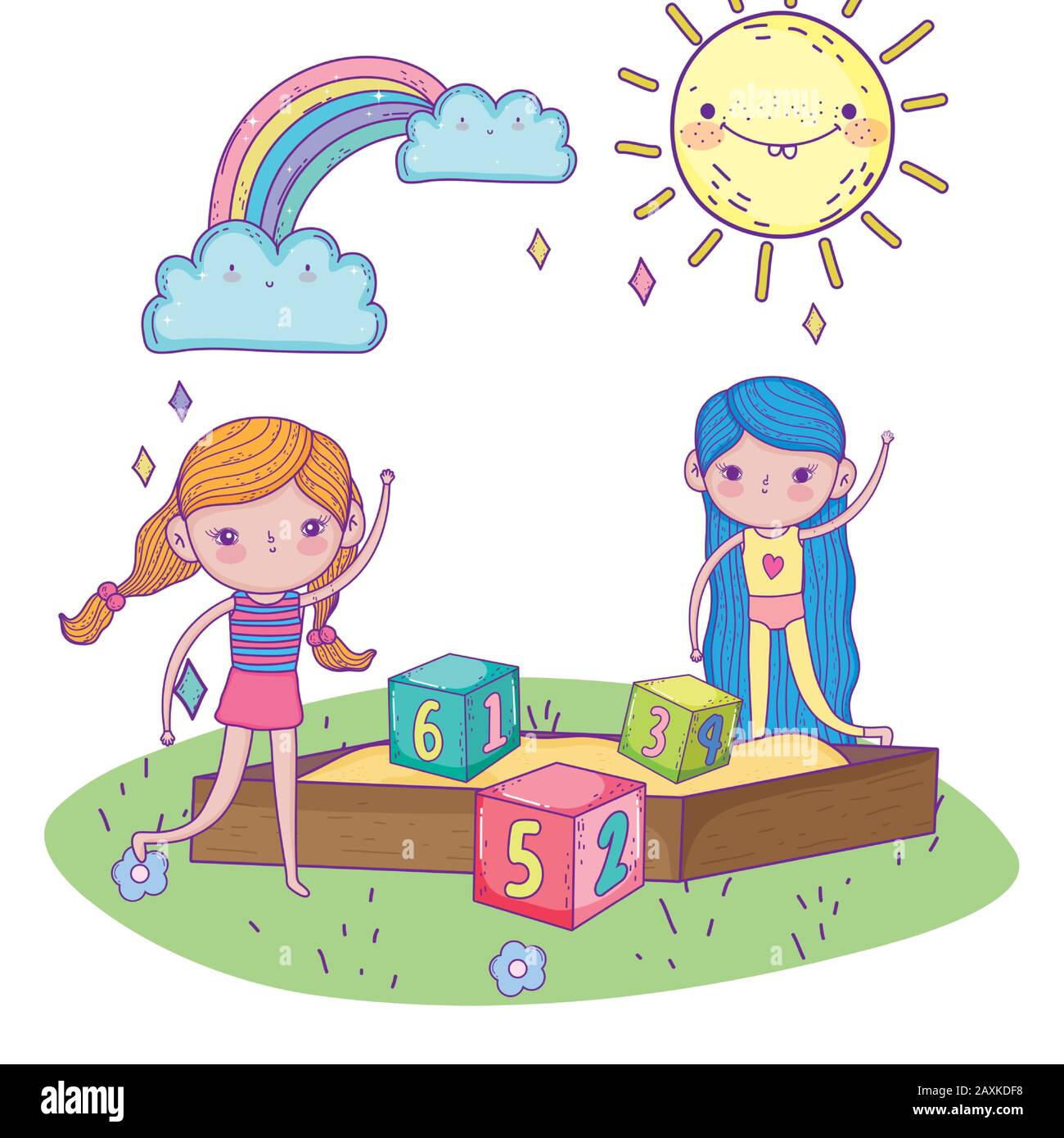 happy childrens day, girls in sandbox with numbers blocks park vector ...