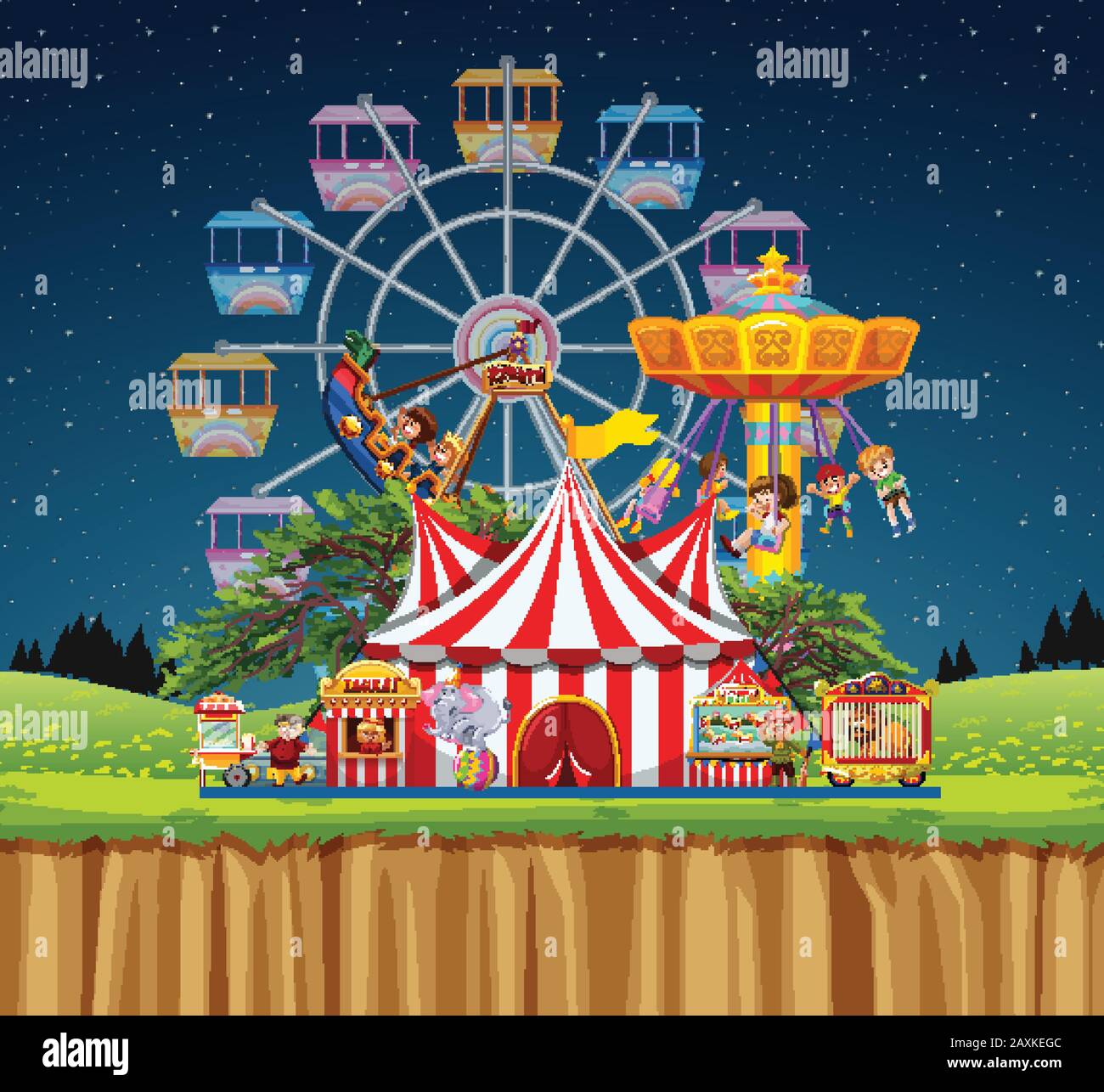 Circus scene with people on the rides at night illustration Stock ...
