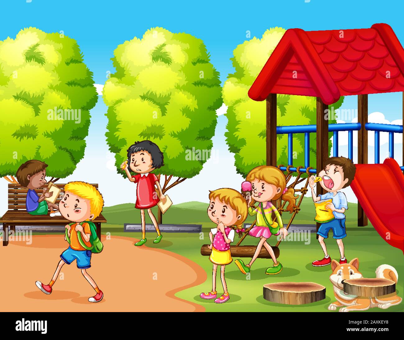 Scene with many children playing in the park illustration Stock Vector ...
