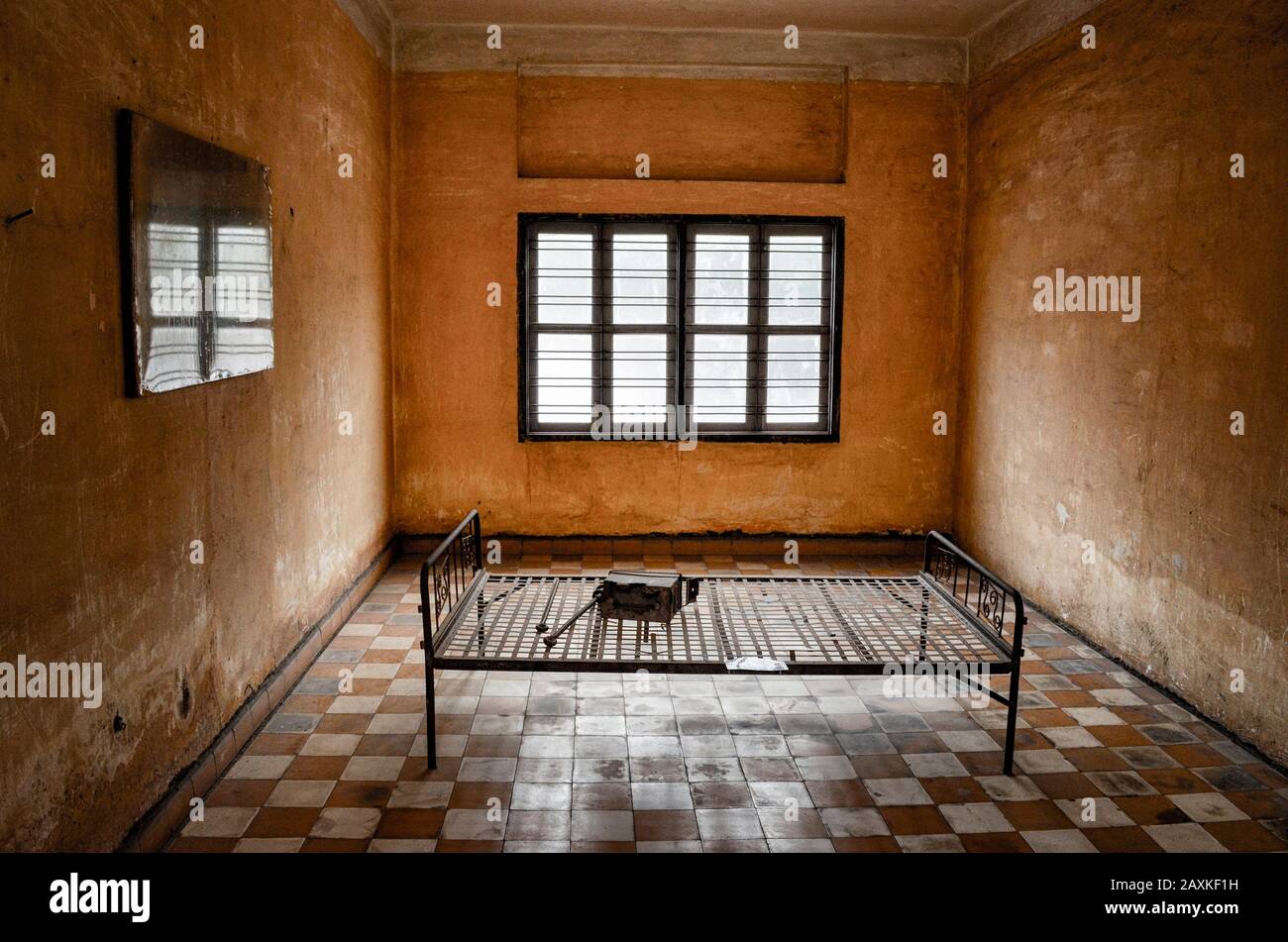 Interior view of prison cell at the Tuol Sleng Genocide Museum, Phnom ...