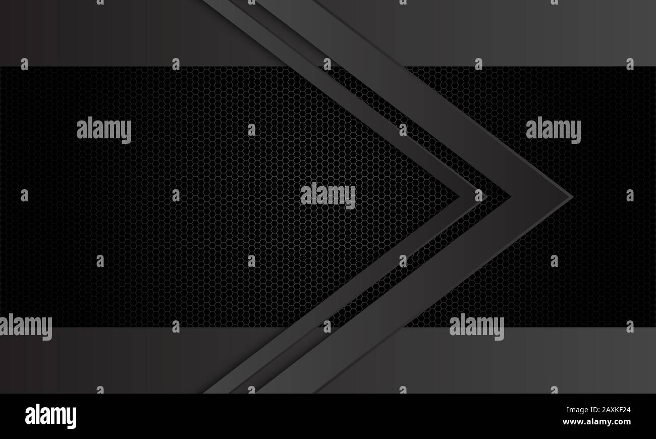 Abstract dark grey arrow direction on black hexagon mesh pattern design ...