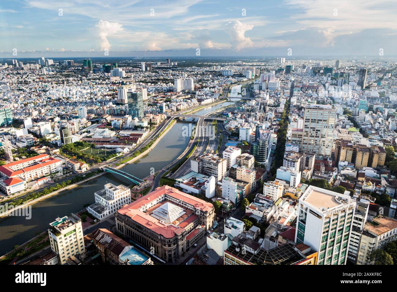 High angle view over river running through a city Stock Photo - Alamy
