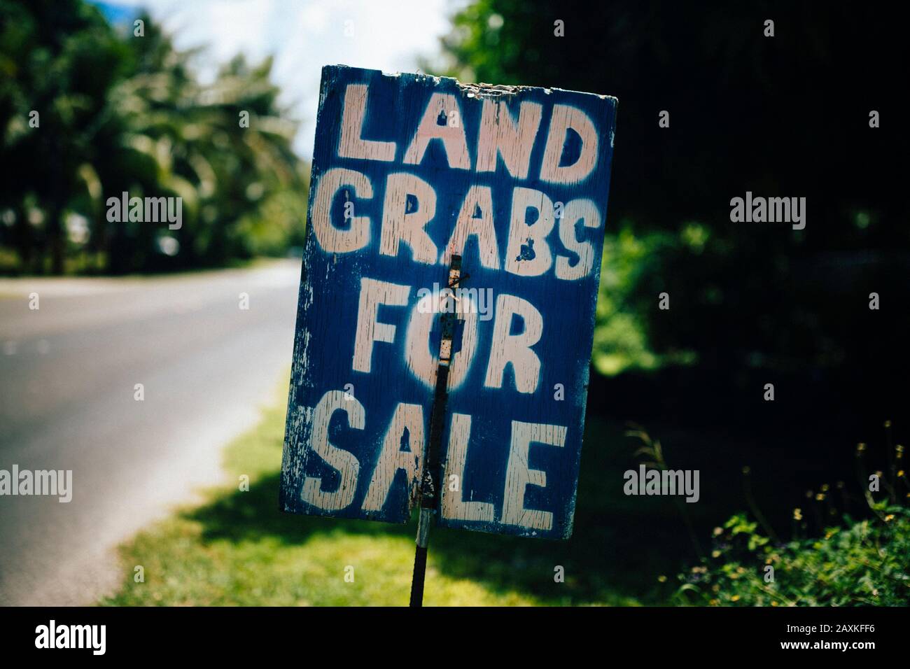 Handwritten sign by the side of road advertising land crabs for sale ...