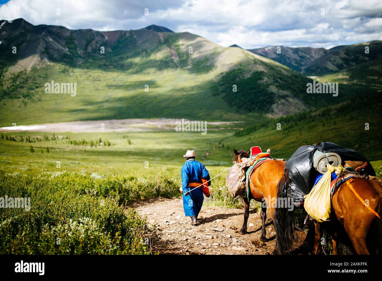 Guides and travelers ride horses into the East Taiga forests of ...
