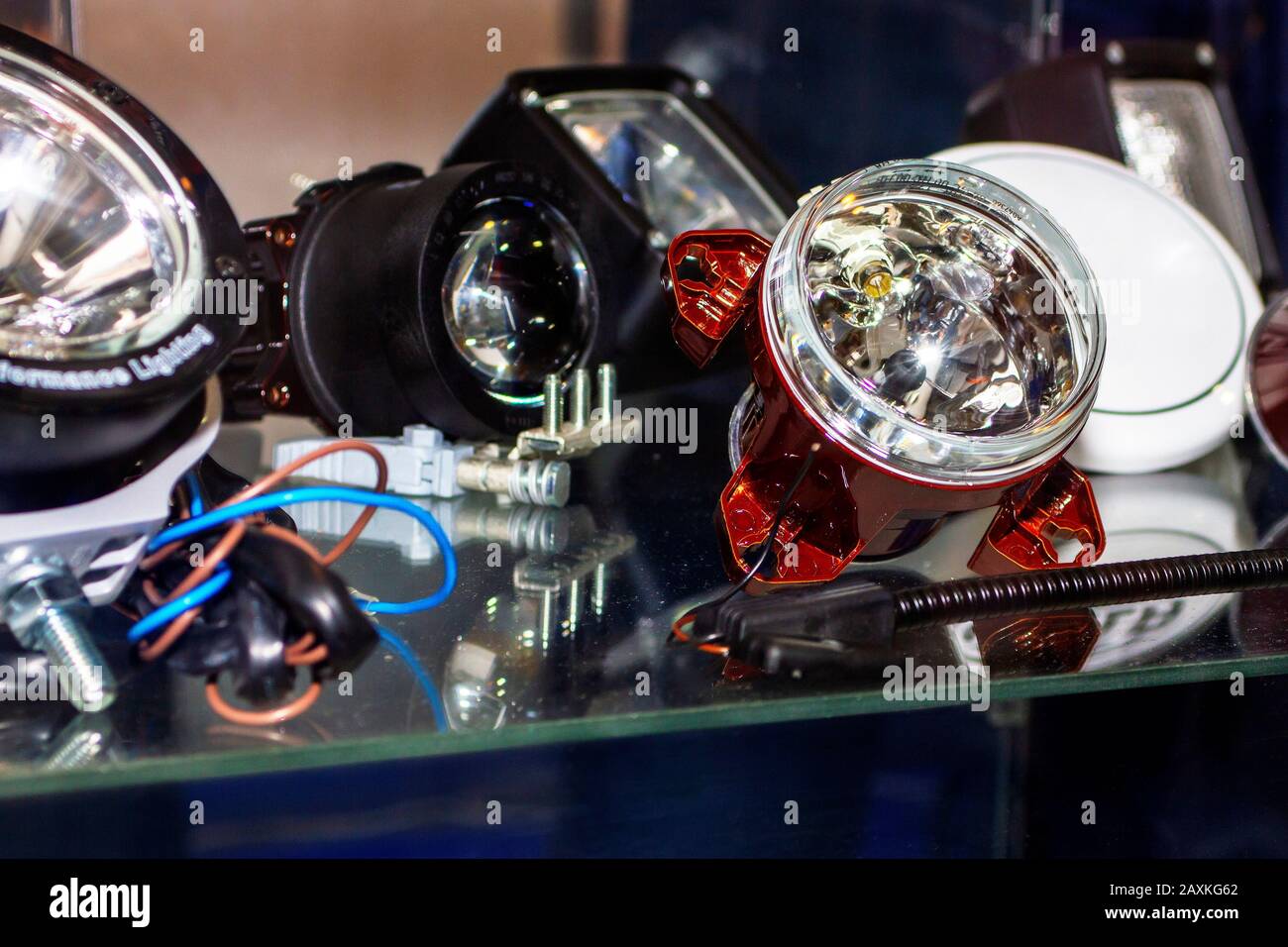 Spare parts Car headlamp. Auto Part of car at dealership salon Stock ...