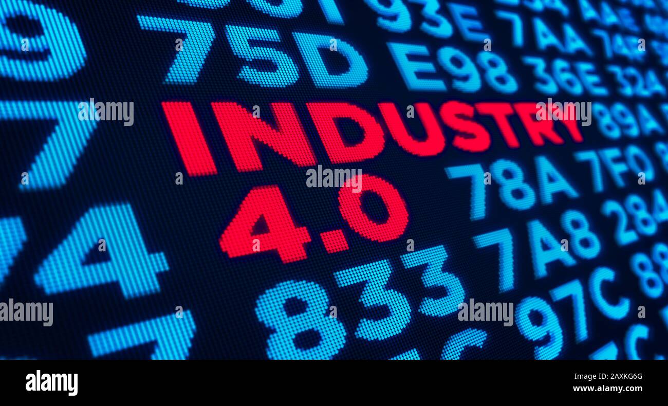 Industry 4.0 pixel display style with keywords on digital background ...