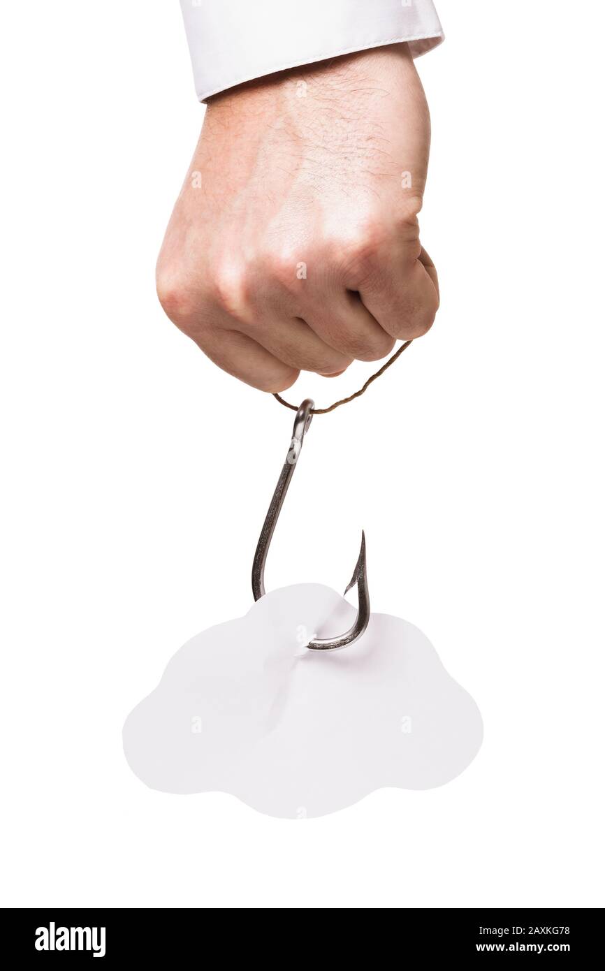 A hand holds a fishing hook and an empty sheet of paper isolated on a ...
